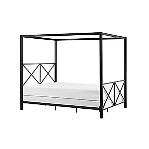 DHP Rosedale Metal Canopy Bed Frame with Four Poster Design and Geometric Accented Headboard and Footboard, Underbed Storage Space, Queen, Black