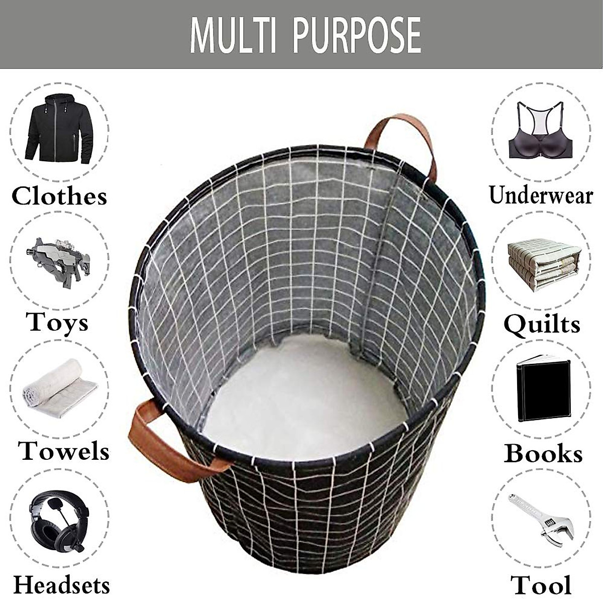 BOOHIT Cotton Fabric Storage Bin,Collapsible Laundry Basket-Waterproof Large Storage baskets,Toy Organizer,Home Decor(Black plaid)