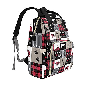 Plaid Bears Mountains Black Personalized Diaper Backpack with Name,Custom Travel DayPack for Nappy Mommy Nursing Baby Bag One Size
