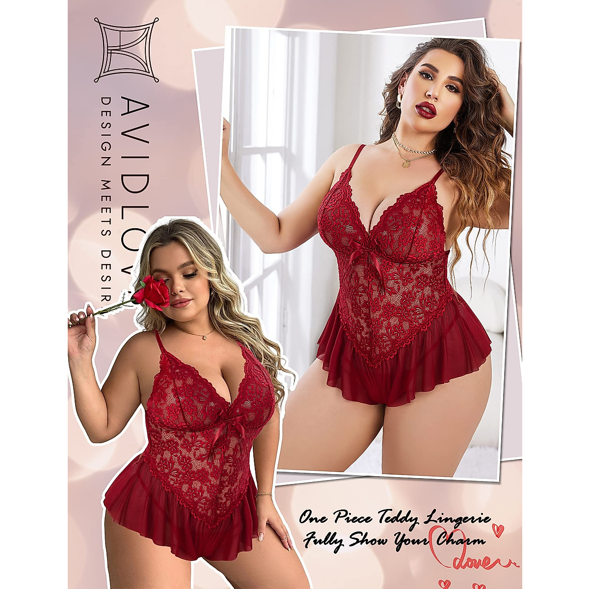 Avidlove Women Plus Size Valentines Day Lingerie Red Lace Bodysuit V Neck Babydoll Chemise Strap Sleepwear Mesh Nightgown