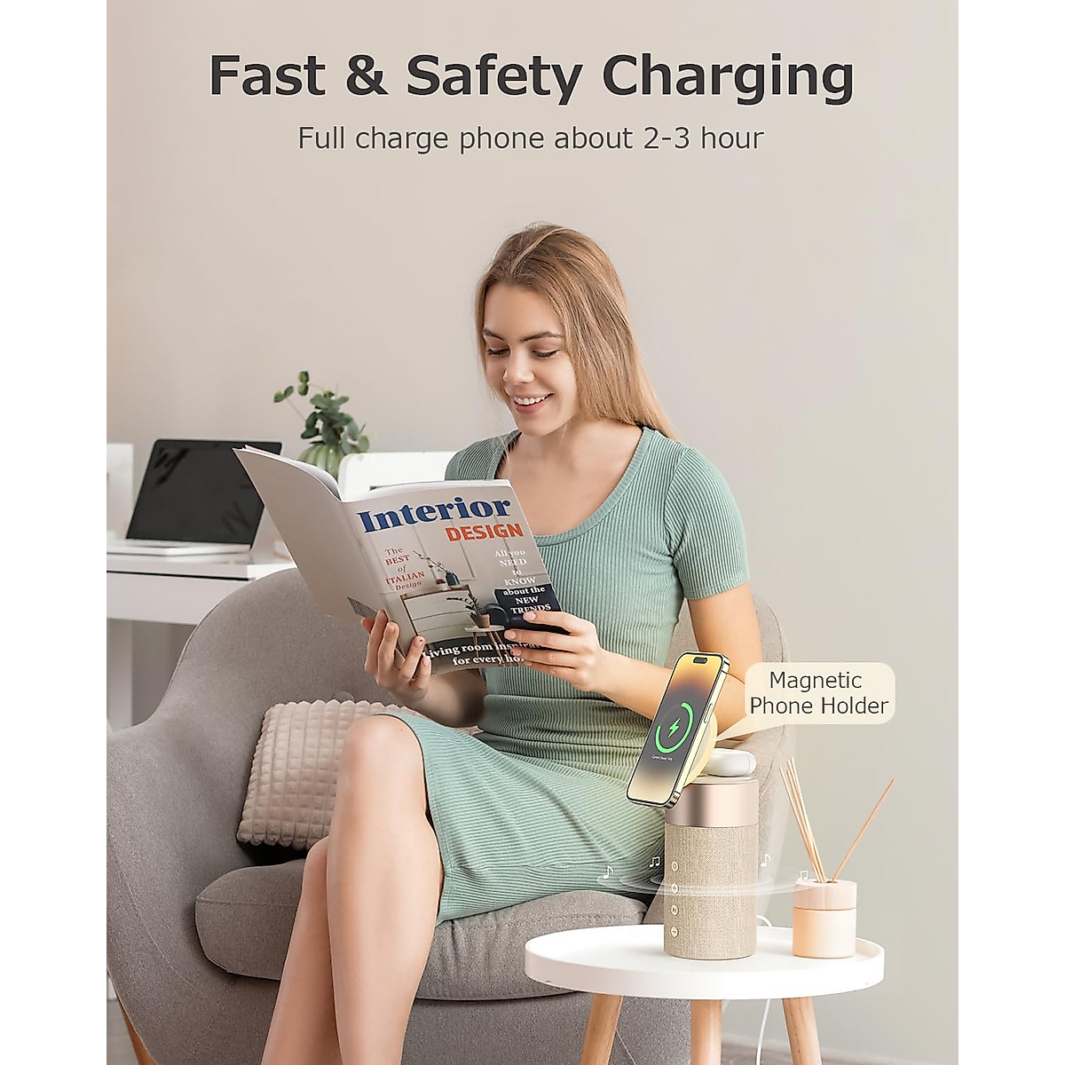 COLSUR Bluetooth Speaker with Night Light, Magnetic Wireless Charger, 2 in 1 Wireless Charging Station for iPhone 14/13/12 Series, AirPods Pro/3/2（Gift Ideal）