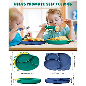 Maxdot 9 Pcs Baby Silicone Plates with Suction Divided Placemat Dish with Spoon Fork Set Toddler Plates Baby Plates and Utensils Set Kids Self Feeding Training Supplies, Dinosaurs, Crab, Hippo