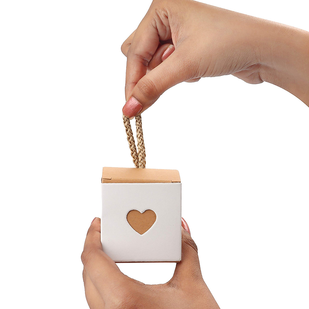BELLE VOUS 50 Pack Mini White & Brown Heart Gift Boxes - 2 x 2 x 2 inch Wedding & Party Favor Paper Candy Kraft Boxes with Cute Twine Handles