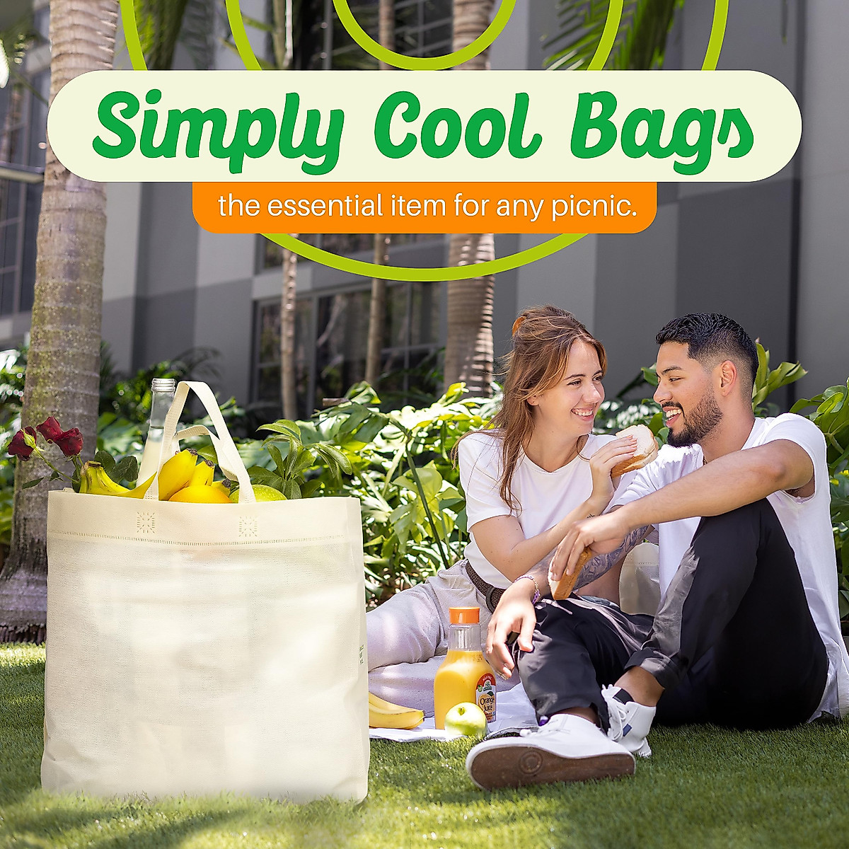 Simply Cool 50 Pack Reusable Eco-Friendly Grocery Shopping Bags 14.5"x14"x6.6" Durable, Recyclable,Washable, Foldable, Portable Tote Bag (50 Pack Reusable Bags, Cream)
