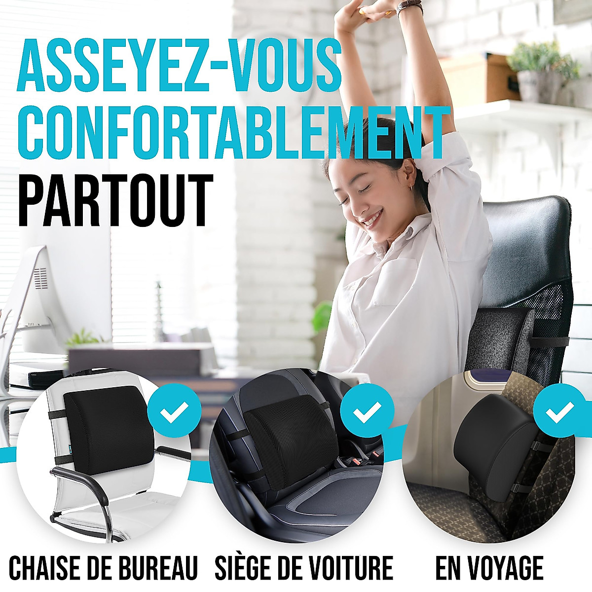 FORTEM Chair Cushion, Seat Cushion for Office Chair, Lumbar Support Pillow for Chair, Car Seat Cushion, Back Support Memory Foam Pillow Washable Cover (Black, Mesh)