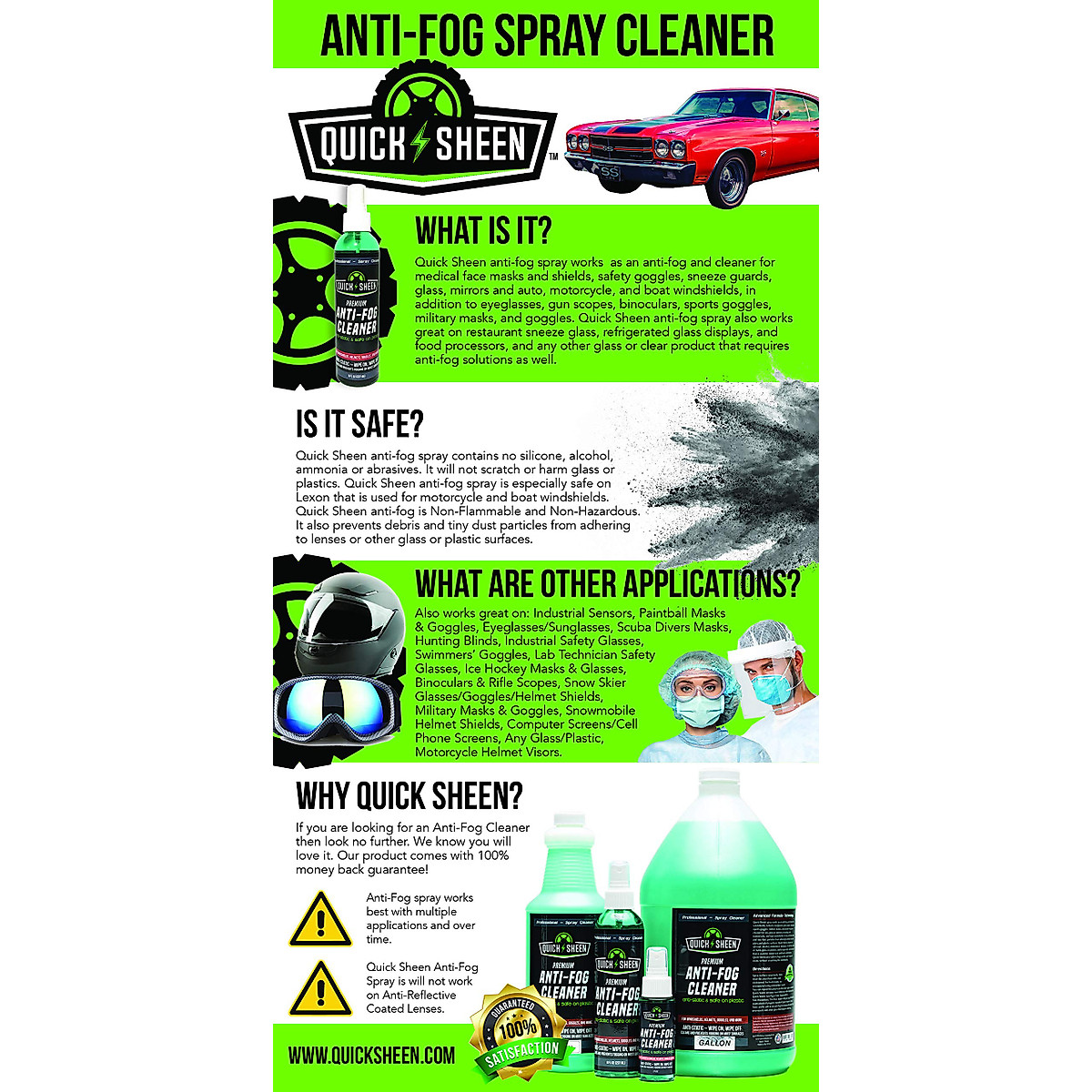 Quick Sheen Anti-Fog Spray for Glass, Windows, Glasses, Masks, Mirrors, Goggles