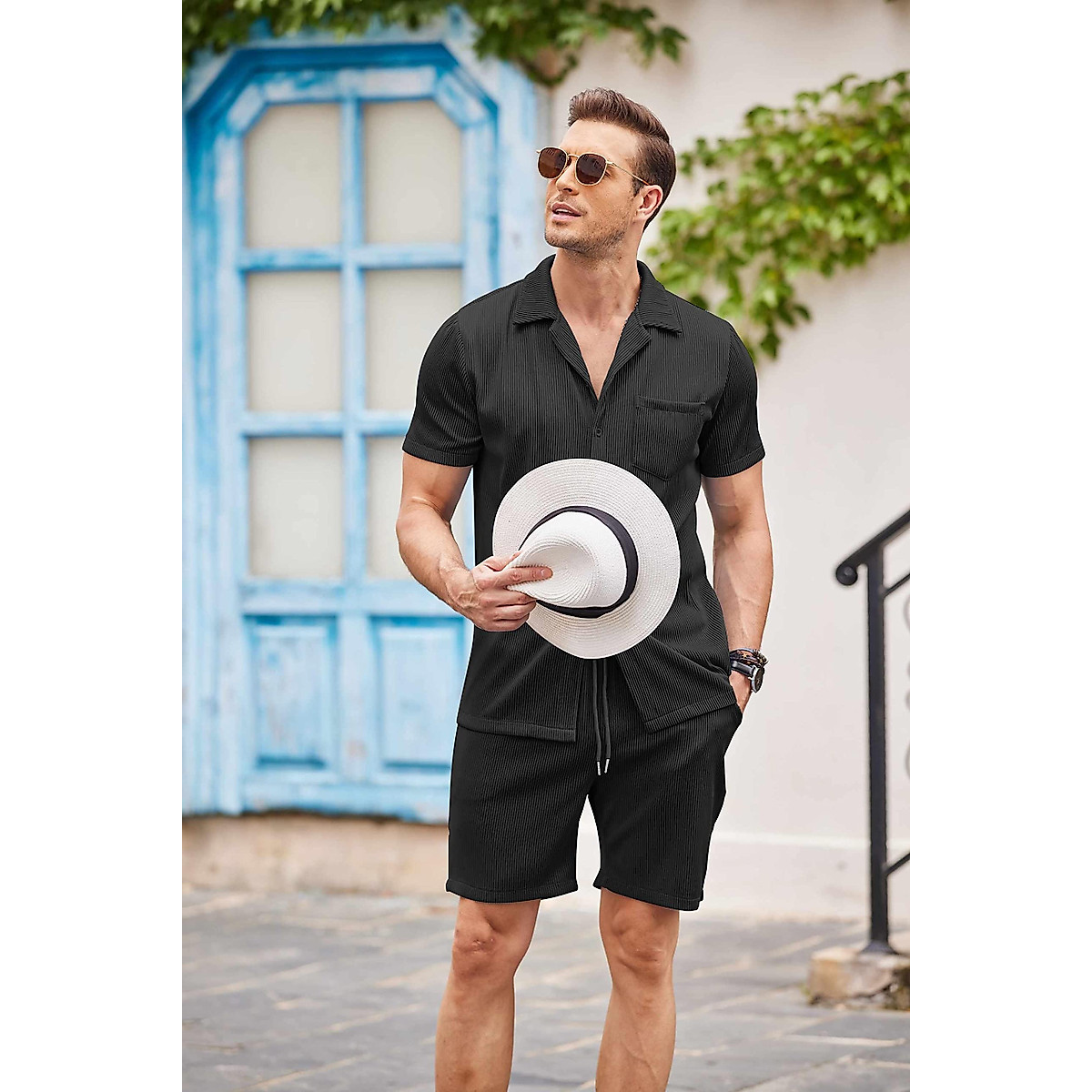 COOFANDY Men's 2 Pieces Shirt Sets Short Sleeve Casual Button Down Hippie T-Shirts Shorts Sets Summer Fashion Beach Outfits
