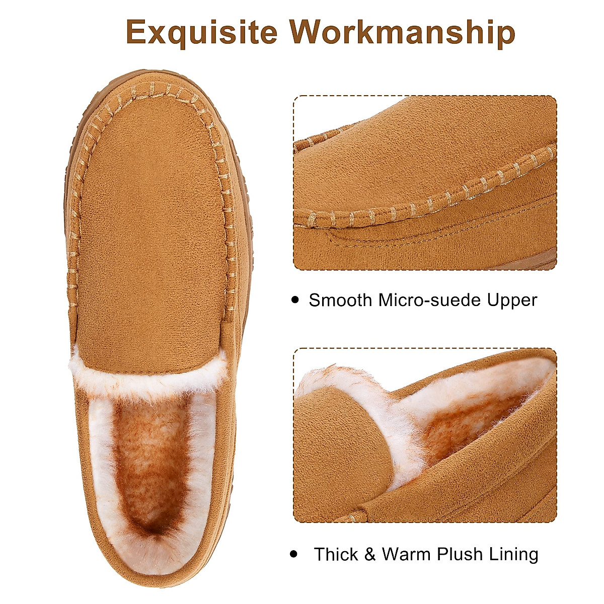 festooning Slippers for Men Mens Moccasin Slippers Fuzzy Memory Foam House Shoes Indoor Outdoor Rubber Sole Beige 10M