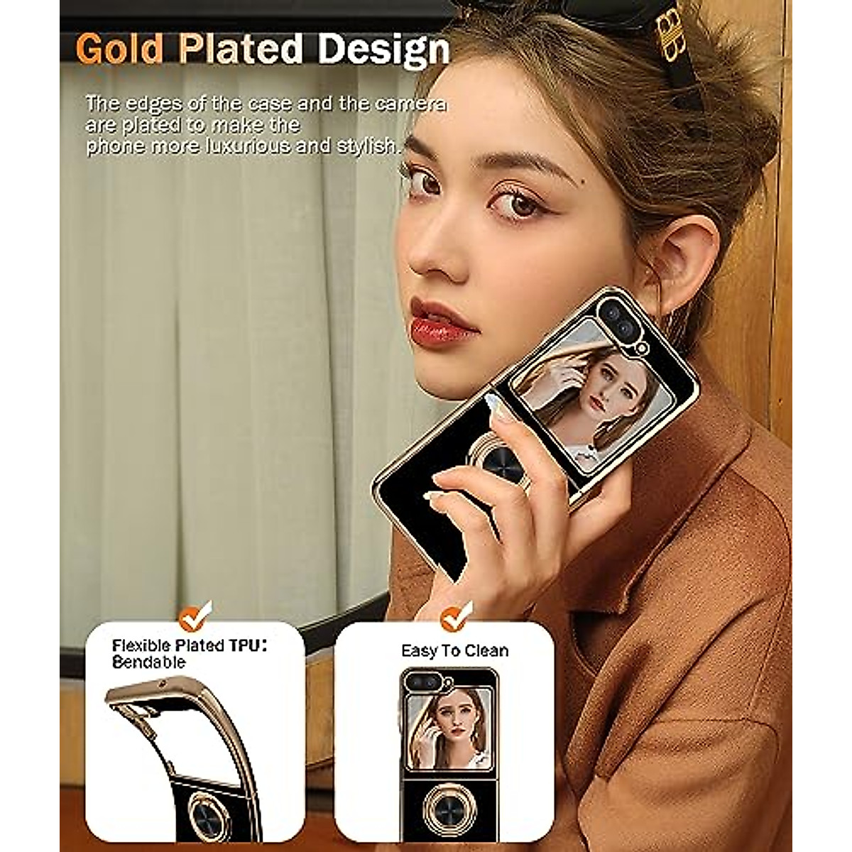 Jasmeas for Galaxy Z Flip 5 Case for Women Girl, Luxury Soft Back Cover with Ring Holder Plating Rose Gold Edge 360° Kickstand Slim Flexible Phone Case for Samsung Galaxy Z Flip5 (2023), Black