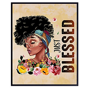 Black Women Woman Wall Art - Blessed Wall Decor - African American Girl Poster Picture Print - Bedroom, Living Room, Home Office, Bathroom - Cute Boho Inspirational Positive Motivational Friend Gifts