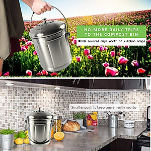 Abakoo 1.8 Gallon Compost Bin 304 Stainless Steel Kitchen Composter Waste Pail Indoor Countertop Kitchen Recycling Bin Pail - Includes 2 Filters