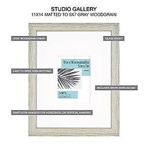 MCS Studio Gallery 11x14 Matted to 5x7 Picture Frame Gray Woodgrain, Square Photo Frame for Photos, Posters & Art Prints (1-Pack)