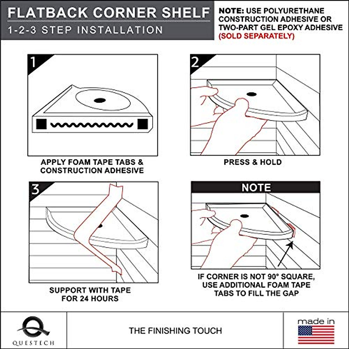 Questech Décor 8 Inch Corner Shower Shelf and 5 Inch Shower Caddy Soap Dish, Metro Flatback Wall Mounted Bathroom Shower Organizer, Bright White Polished
