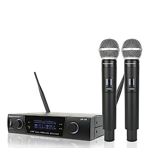 happymusic Professional UHF 2 Channel Wireless Microphone System, Cordless Handheld Mic Set, 150ft Range Perfect for DJ, Church, Wedding, Event, Gigs, Singing, Home Karaoke, Black (UK-38)