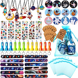 84 Pcs Outer Space Party Favors Space Birthday Decorations Space Tattoos Space Slap Bracelet Astronaut Pendants Badges Keychains Thank You Cards Gift Bags for Boy Kids Galaxy Birthday Party Supplies