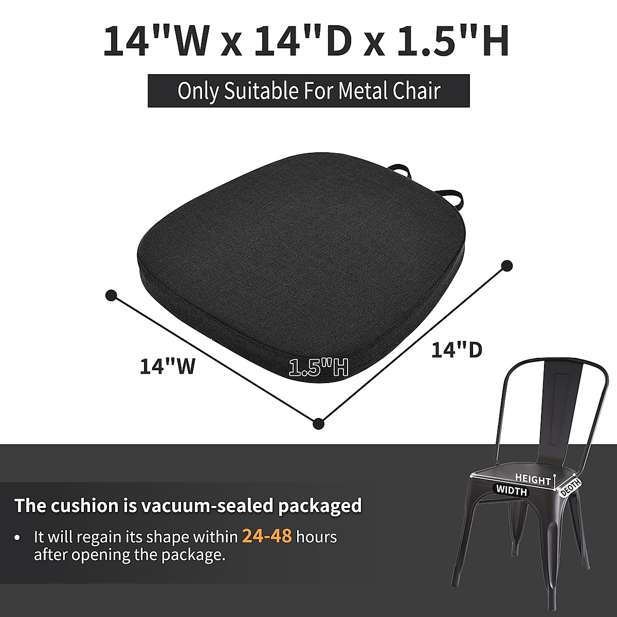baibu 14x14 Inches Metal Chairs Cushions with Ties Set of 4, Non-Slip Metal Dining Chair Pads Kitchen Chair Cushions with Machine Washable Cover - 4 Cushions Only (Black, 14x14x1.5in)