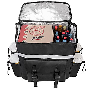 Acshio Food Delivery Backpack, Insulated Reusable Pizza Delivery Bag with 4 Cup Holder, Waterproof Thermal Catering Bags Reflective Strip for Delivery Bike, Hot Cold Food, Camping