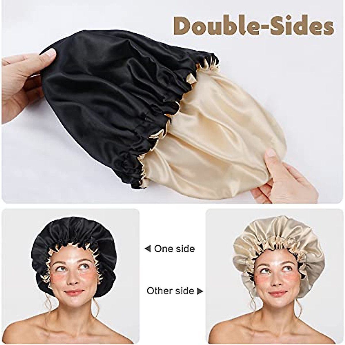 SUNLAND Satin Bonnet Hair Bonnet Silky Sleeping Cap Adjustable Satin Cap for Night Sleeping Hair Wrap Reversible Double Layer Black 2Pack