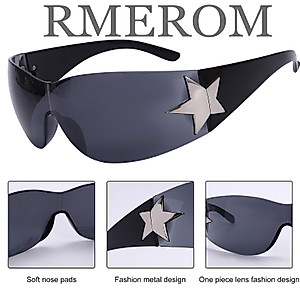Rmerom Y2K Sunglasses for Women,Rimless Shield Wrap Around Sunglasses 2000S Trendy Oversized Fashion Black White Y2K Glasses Shades