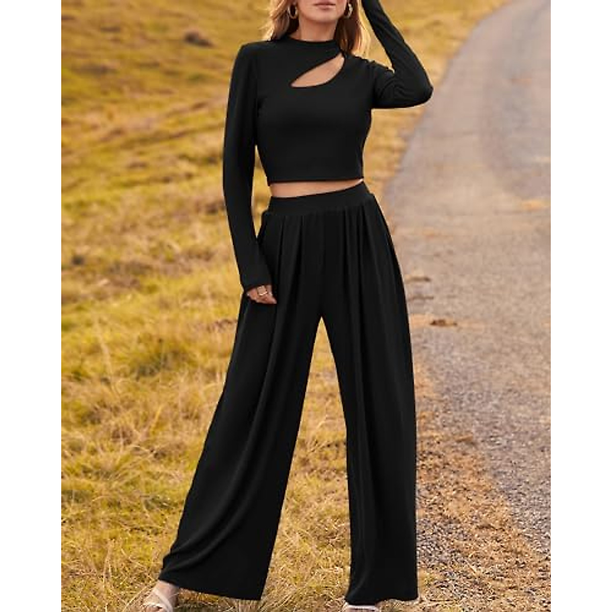 BTFBM Women's 2 Piece Tracksuit Outfits Cutout Long Sleeve Crop Top Wide Leg Pant Ribbed Knit Sweatsuits Yoga Lounge Set(Solid Black, X-Large)