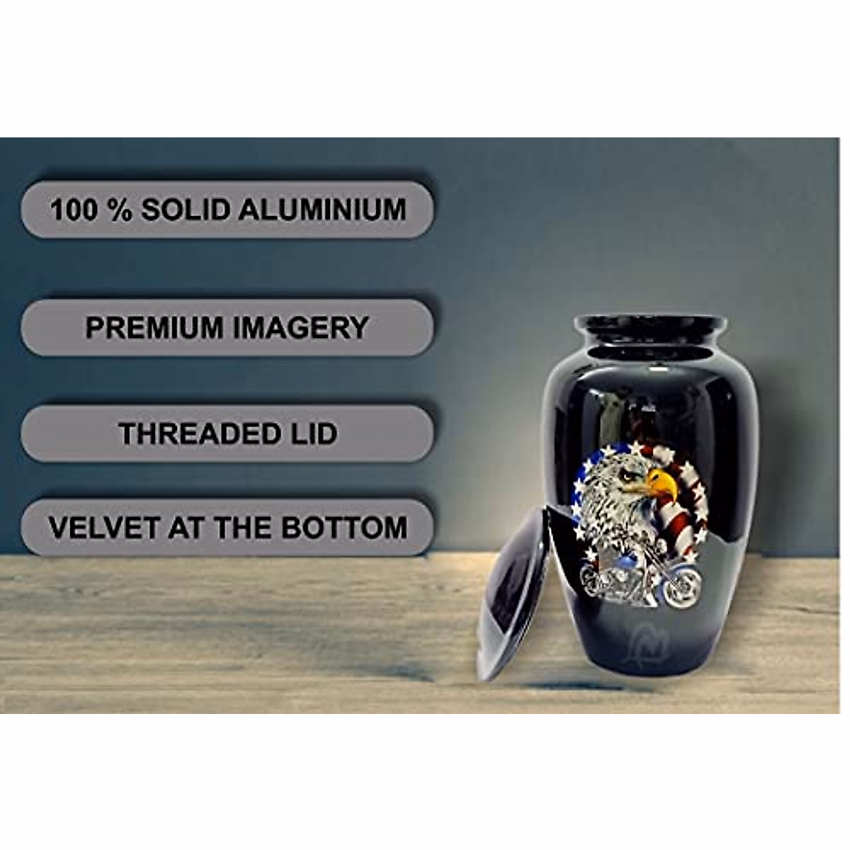 LOVE MEMORIALS Cremation Urns- US Flag Eagle with Harley Davidson Bike Adult Urn –Best Urn for Human Ashes – Funeral Urn (Adult (200 lbs) – 10.5 x 6 “ , US Flag Eagle Bike Cremation Urn)