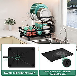 MOUKABAL 2-Tier Kitchen Dish Drying Rack with Removable Utensil Holder, Large Capacity Drying Rack with Drainboard for Kitchen Sink Counter (Black, Metal)