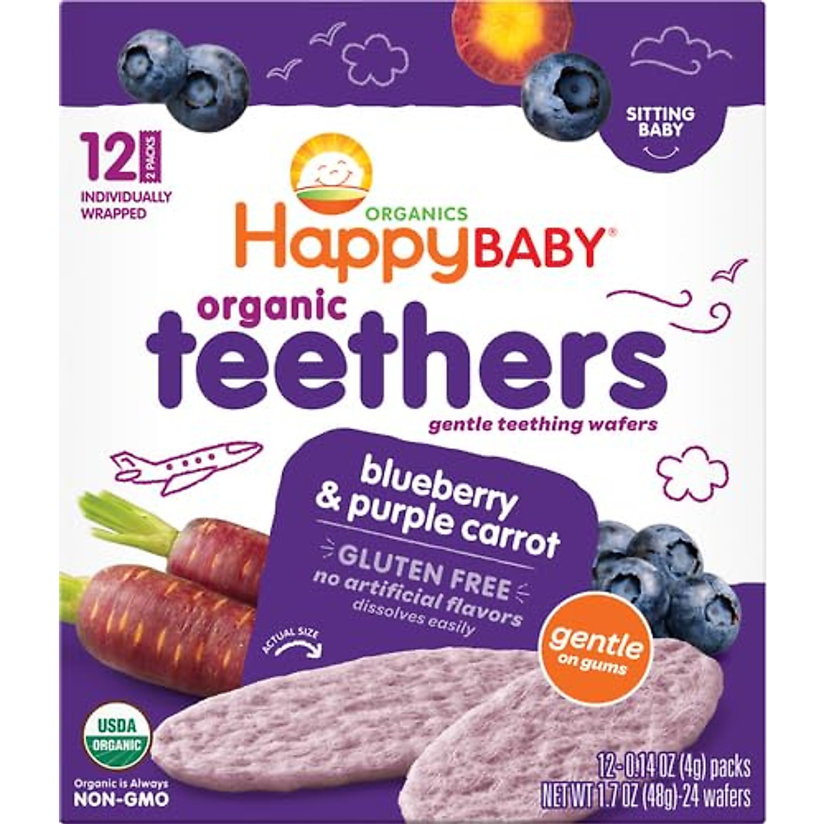 Happy Baby Gentle Teethers Organic Teething Wafers Blueberry Purple Carrot, 0.14 Ounce Packets (Box of 12) Soothing Rice Cookies for Teething Babies Dissolves Easily, Gluten Free No Artificial Flavor