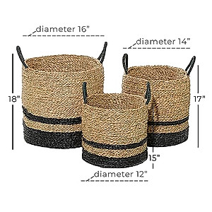 Deco 79 Seagrass Round Storage Basket with Handles, Set of 3 18", 17", 14"H, Black