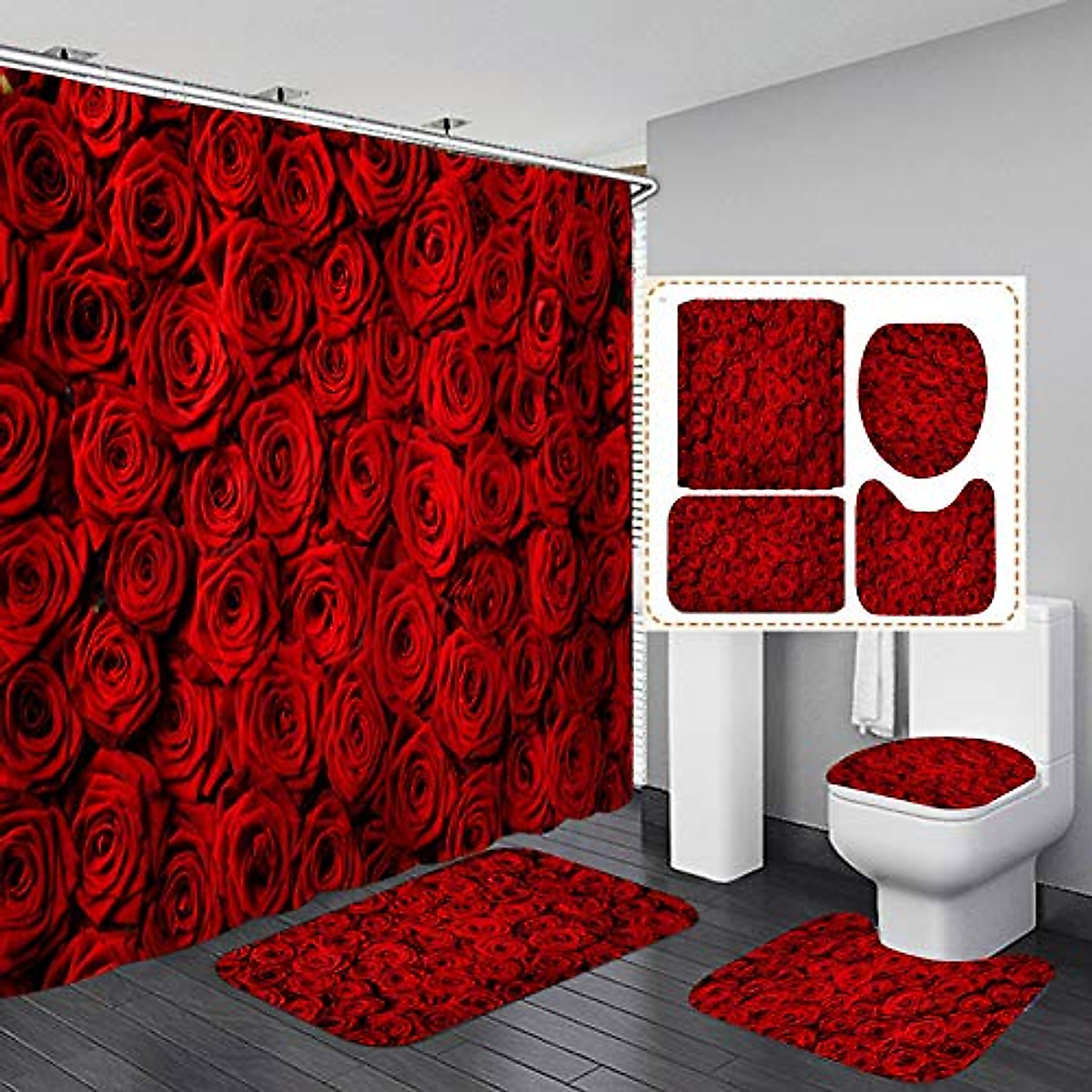 Seacoi Rose Flower Shower Curtain Set with Rugs, 4 Pcs Romantic Floral Bathroom Decor Set for Girls Women, Valentine's Day Complete Bath Room Curtain Set with Matching Mat & Accessories (Red 2)
