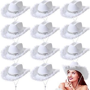 Unittype 12 Pcs Feather Sequin Cowgirl Hat for Women Party Birthday Halloween Western Costume Role Playing (White)