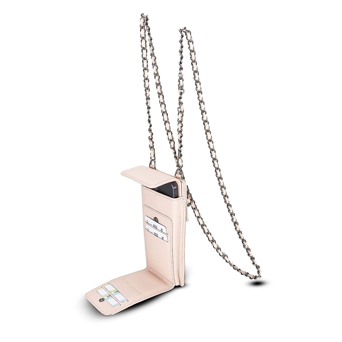 BOULETTA Crossbody Bag Cellphone Purse for Women-Leather Zipper Shoulder Wallet with Phone Pocket and Chain Strap 4 Card Slots Small