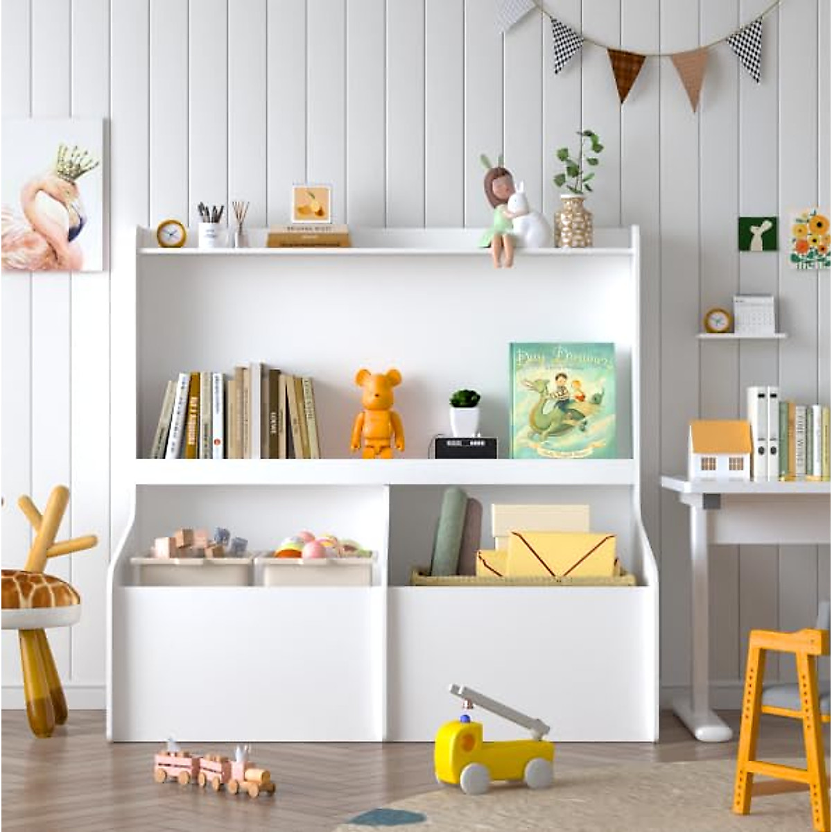 Azheruol Cubby Toy Storage Cabinet 3 Tier Wooden Children Bookcase,Toy and Book Storage Organizer Shelf for Playroom, Bedroom, Living Room, Nursery, School (White)