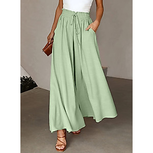 Dokotoo Yoga Pants Stretch Drawstring Tie Elastic Waist Wide Leg Linen Pants for Women Dressy Solid Fall Lightweight Oversize Soft Womens Pants with Side Pockets Light Green XL