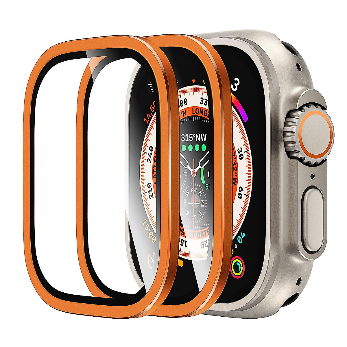 LϟK 2 Pack for Apple Watch Ultra 2 / Ultra Screen Protector 49mm - 9H Tempered Glass + Titanium Alloy Frame [Stay Original+Bubble Free] Waterproof HD Glass Film for iWatch Ultra 49mm, Orange