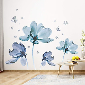 Gaint Creative Removable 3D Nusery Flower Wall Decals DIY Romantic Floral Wall Sticker Murals Flowers Art Decor for Kids Girls Teens Bedroom Office Living Room Home Wall Decoration (Light Blue)