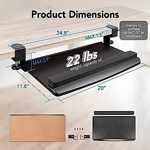 EHO Clamp-On Retractable Adjustable Keyboard Tray, Under Desk Ergonomic Keyboard Tray - Easy Tool-Free Install - Small with Wrist Rest for Enhanced Typing Comfort, Space-Saving, Surface 20" x 11.5"