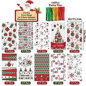 Colorbib Christmas Cellophane Bags 170pcs with 180pcs Treat Bags with Twist Ties Gnome and Christmas Ball Pattern Snack Bags for Christmas Party Supplies Candy Goodie 10 Assorted Styles