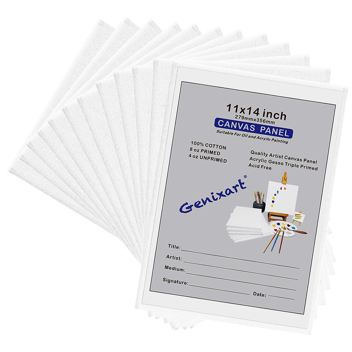 Genixart White Blank Canvas Panels, 11x14 Inch 12 Pack, 100% Cotton, Primed Professional Artist Canvases Boards for Acrylics & Oils Painting