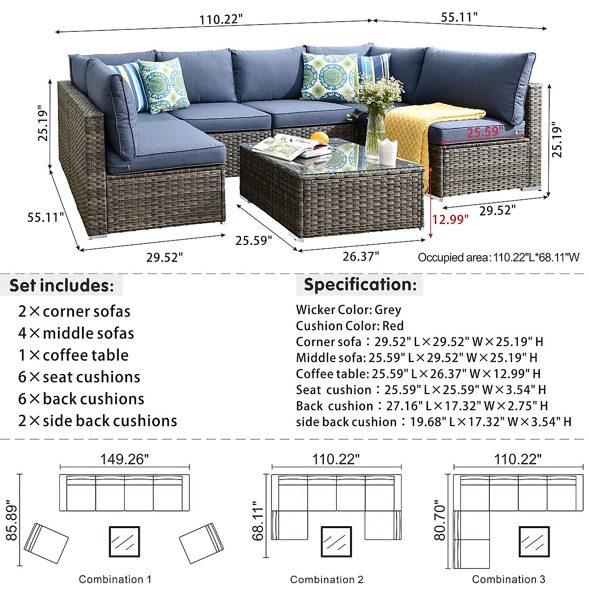 XIZZI Patio Furniture Outdoor Sectional Sofa 7 Piece All Weather PE Rattan Wicker Conversation Sets with Coffee Table for Backyard Deck Garden,Denim Blue
