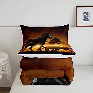 Feelyou Horse Comforter Set Twin Size Western Cowboy Comforter Horse Running in The Sunset Bedding Set Soft All Season Farm Animal Quilted Duvet Set for Kids Boys Teens Machine Washable