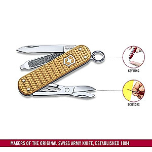Victorinox Classic SD Precious Alox Swiss Army Knife, Compact 5 Function Swiss Made Pocket Knife with Small Blade, Screwdriver and Key Ring - Brass Gold