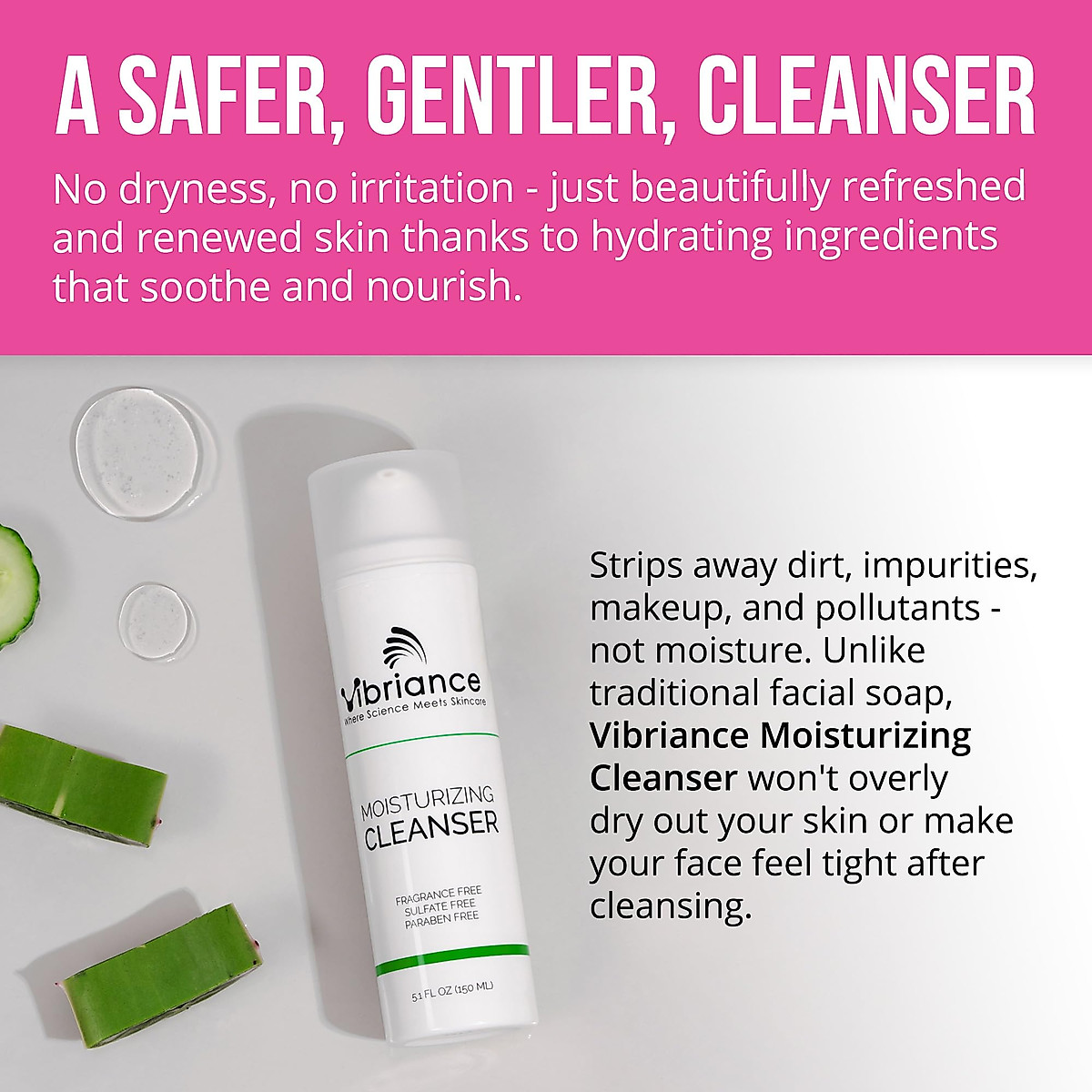 Vibriance Moisturizing Face Cleanser, 5.1 fl oz - Ultra-Hydrating Facial Wash for Women, Normal to Dry Skin - Sulfate and Paraben-Free - Removes Makeup, Impurities