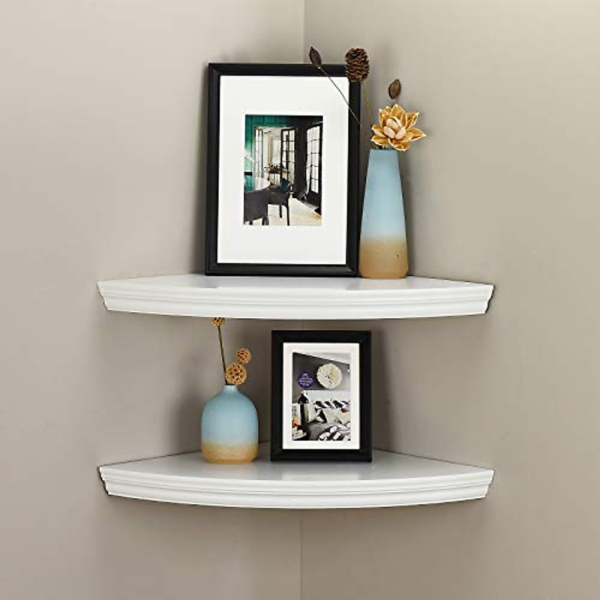 WELLAND Modern Wall Monted Corner Shelves, Corner Display Floating Shelf for Bedroom Office Home Décor Accents Set of 2 (White)