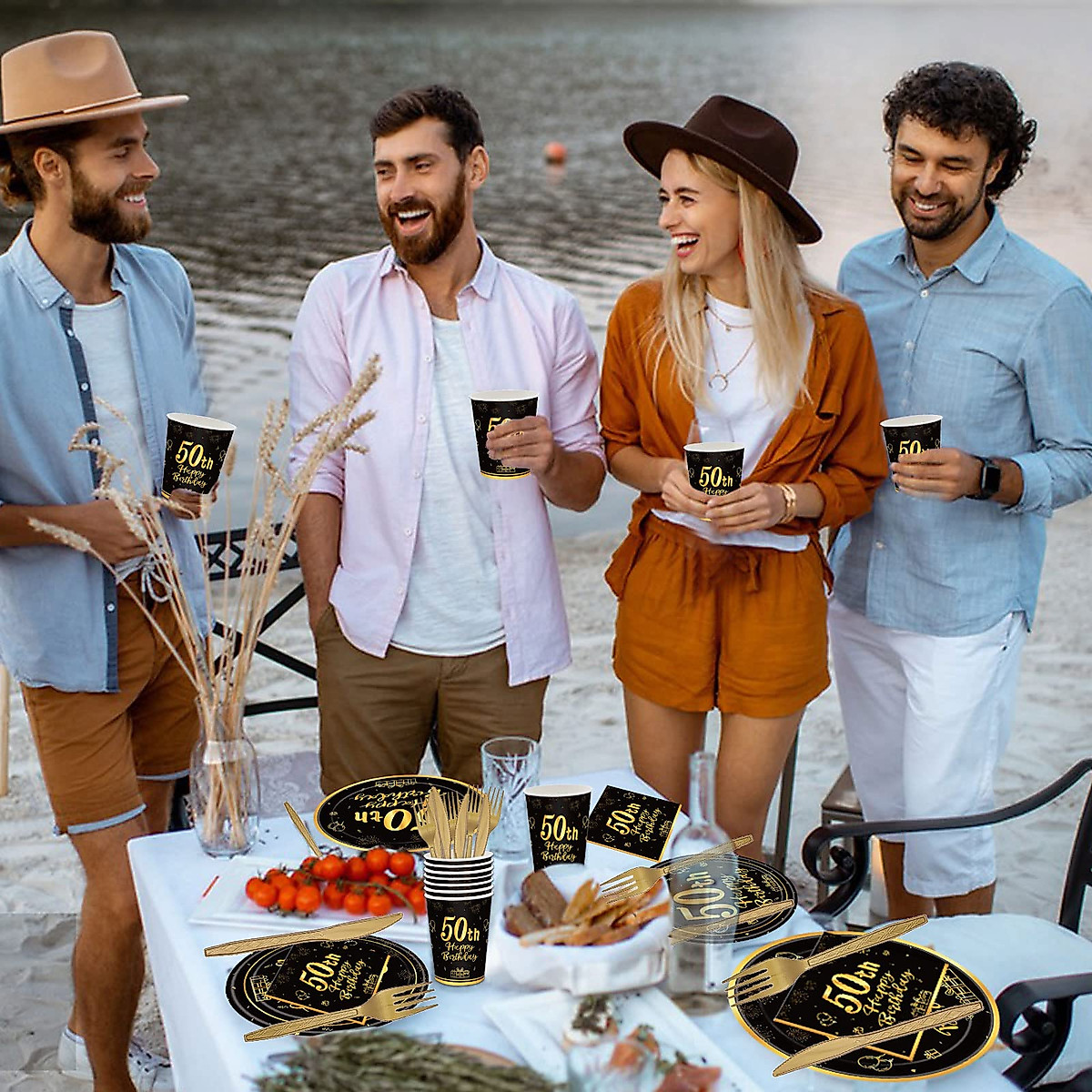 144PCS 50th Birthday Plates and Napkins Birthday Party Tableware Birthday Party Supplies 50th Birthday Party Decorations for Men Women 50th Birthday Paper Plates Napkins Cups Fork and Knives Serve 24