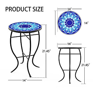 FROMJBEST Mosaic Outdoor Side Table, Patio Side Table, Weather Resistant 14" Diameter 21" H Ceramic Tile Round Outside Table for Patio, Porch, Garden, Pool, Indoor&Outdoor,Plant Stand (Vortex)