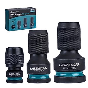 LIBRATON Impact to 1/4 Hex Converter, 1/2 3/8 1/4-INCH Drive Female to 1/4-Inch Hex Adapter, Impact Wrench Adapters for Ratchet Wrench Drivers, Impact Bit Holders, Quick-Change Chuck, Cr-Mo Steel