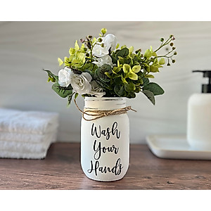 Wash Your Hands Mason Jar, Hand Painted and Distressed Mason Jar Decor, Pint 16 oz. Regular Mouth White Mason Jar, Artificial Flower Arrangement, Rustic Farmhouse Mason Jar Bathroom Decor for Shelf