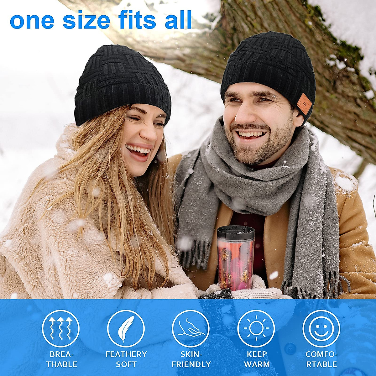 Bluetooth Beanie Hat Music Beanie for Men and Women Warm Knit Hats Built-in Detachable Stereo Speakers & Microphone Winter Cap Suitable for Running Hiking Tech Gifts for Teens Black