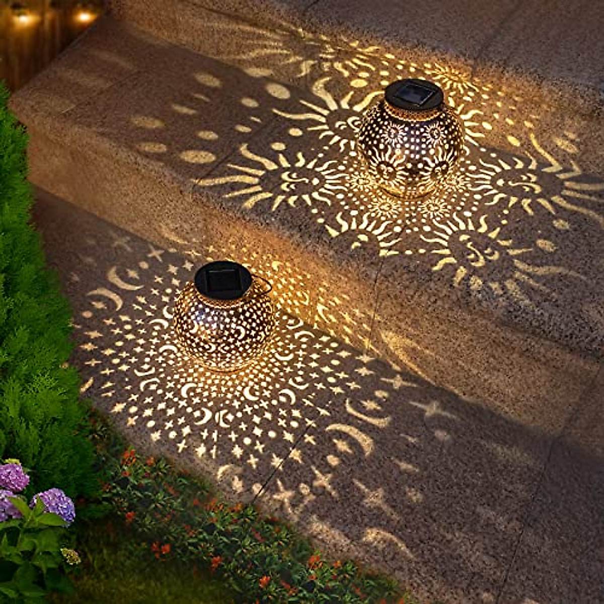 2Pack Solar Garden Lanterns Outdoor Hanging Lights Decorative Metal Moon Star Sun Solar Lanterns for Patio, Yard, Table, Pathway Decoration Waterproof (Bronze)