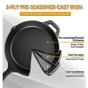 MICHELANGELO Cast Iron Skillet Set 8 Inch & 10 Inch &12 Inch, Preseasoned Cast Iron Skillets With Lid, Iron Skillets for Cooking with Silicone Handle & Scrapers, 8'' & 10" & 12"